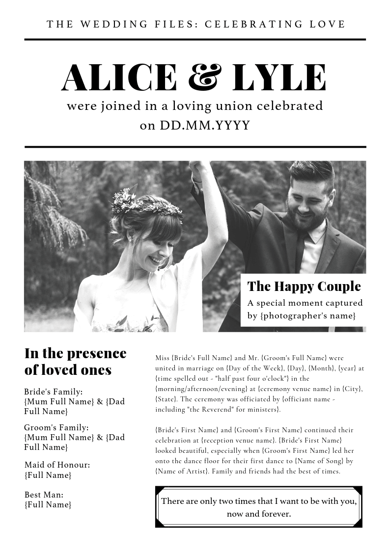 Newspaper Wedding Announcement Grand Engrave